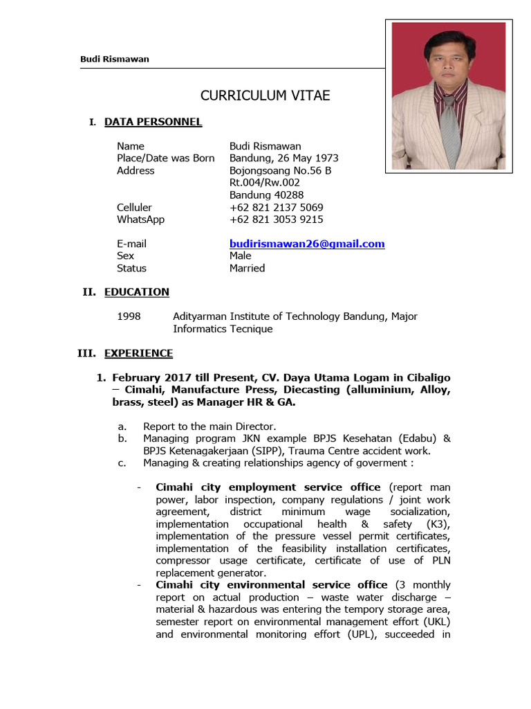 Budi Rismawan Gender Expert Leader Resume | PDF | Employment | Human ...