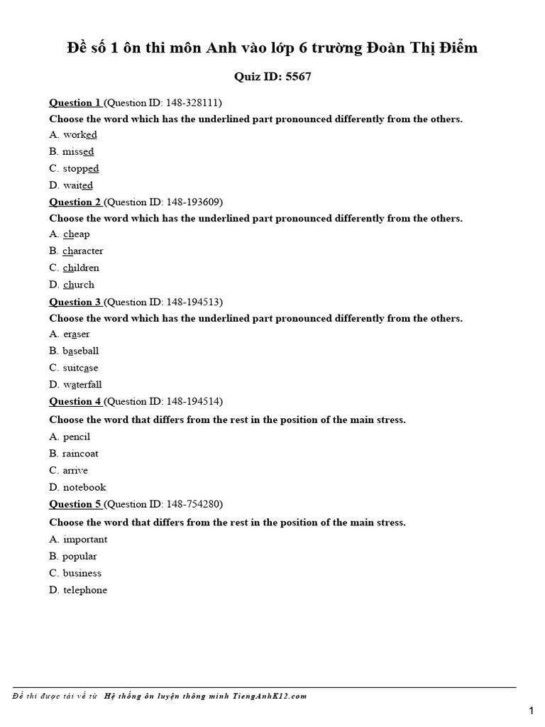 Quiz - 5567 - de So 1 On Thi Mon Anh Vao Lop 6 Truong Doan Thi Diem ...