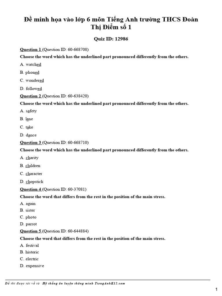 Quiz - 12986 - de Minh Hoa Vao Lop 6 Mon Tieng Anh Truong Thcs Doan Thi Diem So 1 | PDF ...