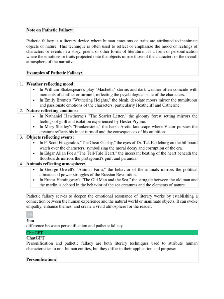 Notes On Pathetic Fallacy | PDF | Anthropomorphism