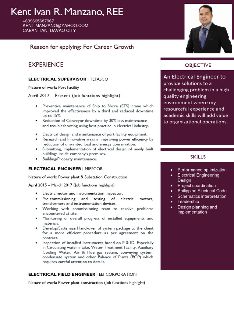 Resume Kent Manzano 1 | PDF | Electrical Substation | Electrical ...