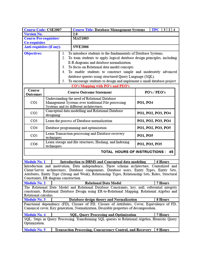 CSE2007 - Database Management Systems - Revised - 2.0 (CSE) | PDF | Databases | Relational Database