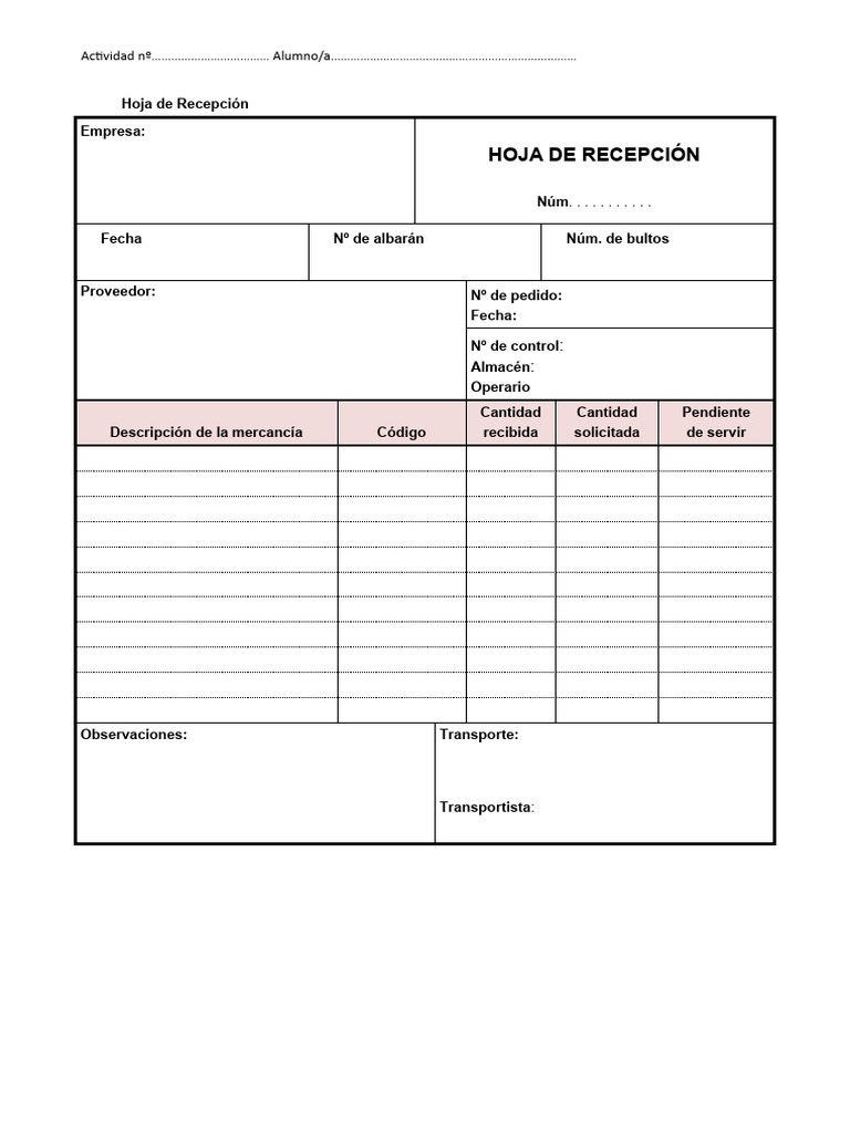 MODELO HOJA DE RECEPCIÓN | PDF