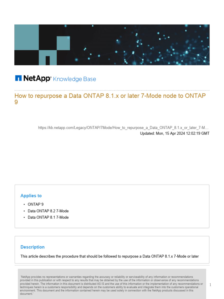 How To Repurpose A Data ONTAP 8.1.x or Later 7-Mode Node To ONTAP 9 | PDF | Booting | Computer ...