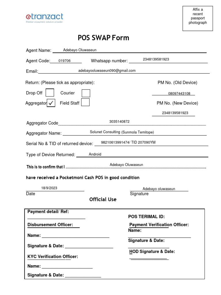 PocketMoni POS Swap Form New | PDF | Authentication | Applications Of ...