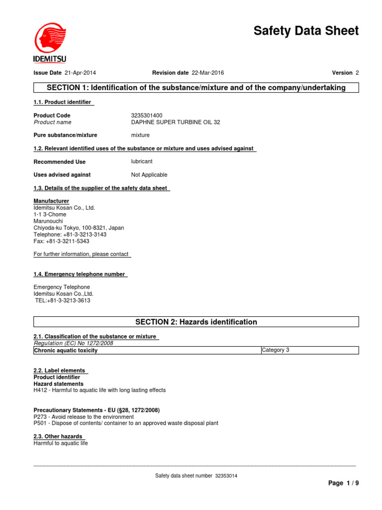 Daphne Super Turbine Oil 32 Eng MSDS | PDF | Dangerous Goods | Toxicity