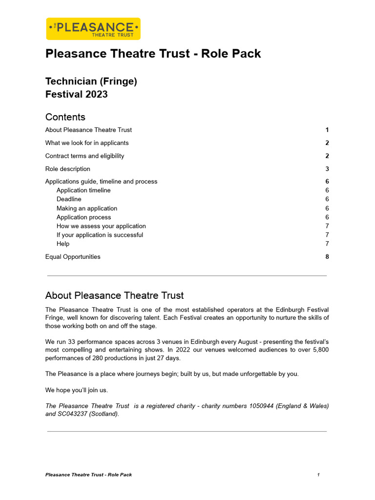 Pleasance Theatre Technician Role 2023 | PDF | Technology & Engineering