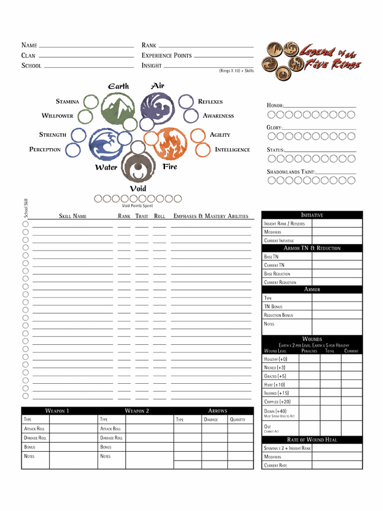 L5R 4th Edition Deluxe Character Sheet - Created by James Thornbury | PDF