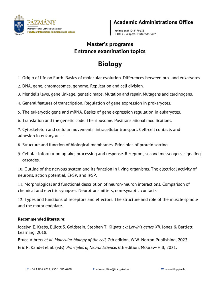 MSC Entrance Examination Topics Biology 2024 New | PDF