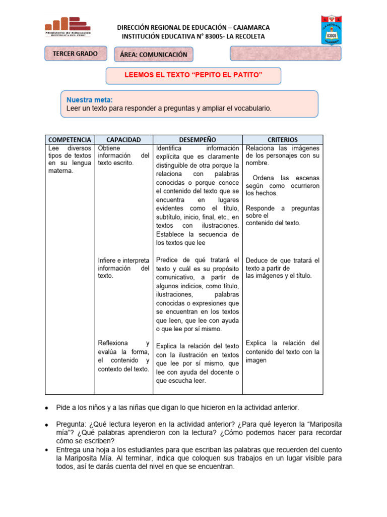 21. LEEMOS EL CUENTO PEPITO EL PATITO - C | PDF