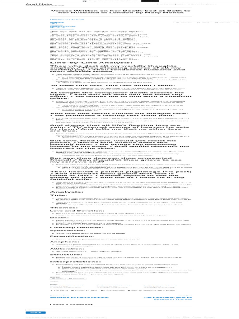 Verses Written On Her Death-Bed at Bath To Her Husband in London by ...