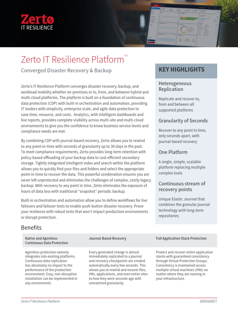 Zerto It Resilience Platform Datasheet | PDF | Cloud Computing ...