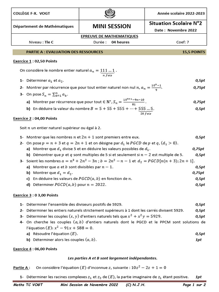 Contrôle Mathématiques 2ème Semestre | PDF | Entier naturel ...
