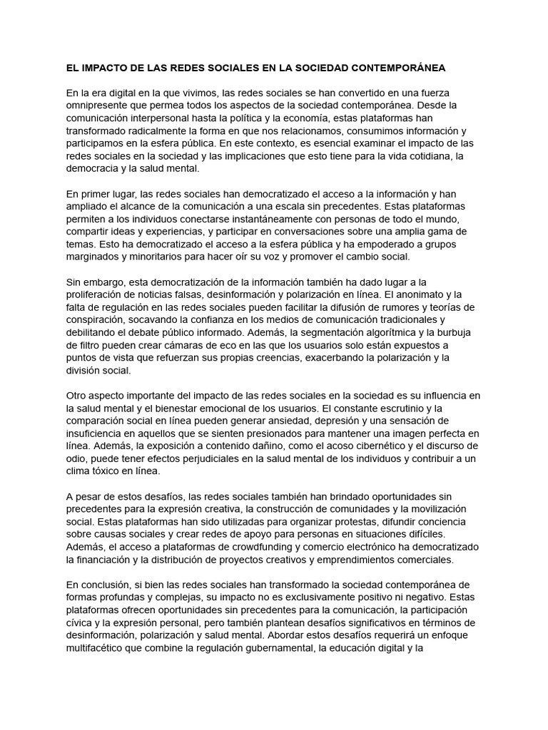 Impacto de las Redes Sociales en la Sociedad | PDF | Redes sociales ...