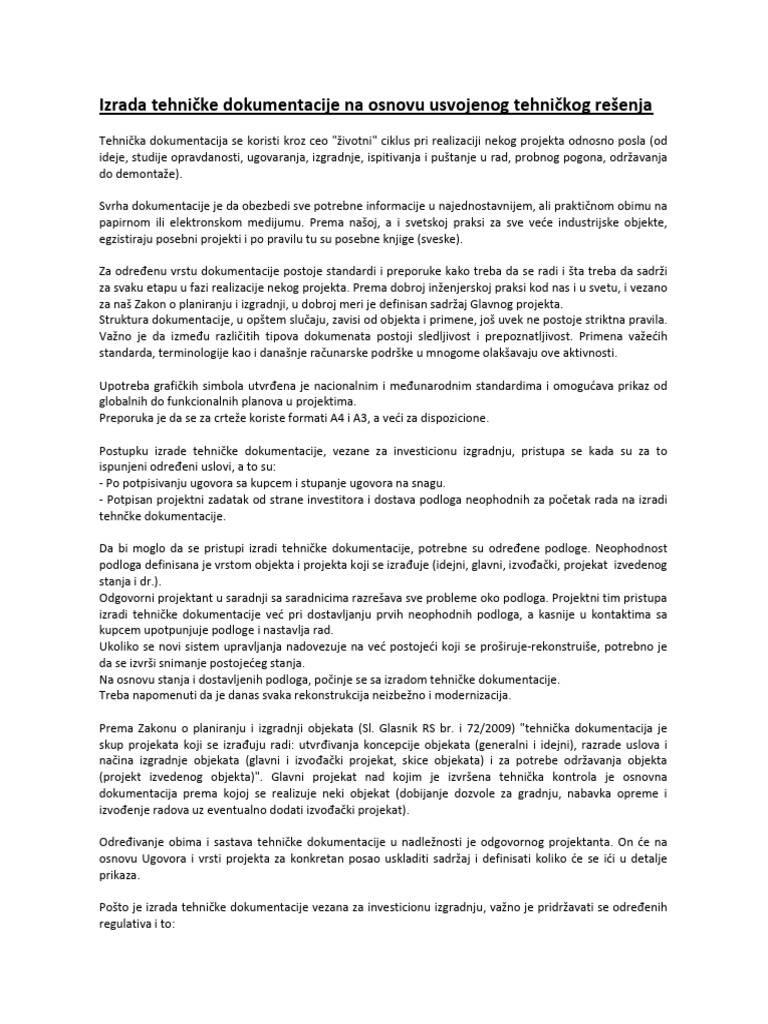 Izrada Tehnicke Dokumentacije Na Osnovu Usvojenog Tehnickog Resenja | PDF