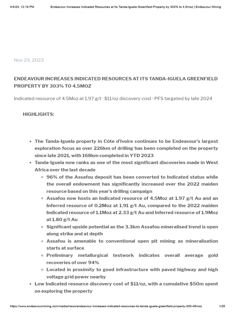 Endeavour Increases Indicated Resources at Its Tanda-Iguela Greenfield ...