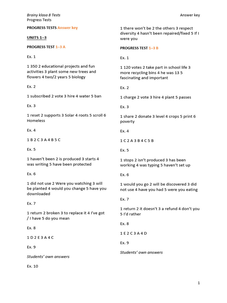 Brainy kl8 Progress Tests Answer Key | PDF