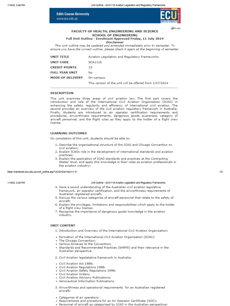 Unit Outline - SCA1116 Aviation Legislation and Regulatory Frameworks ...