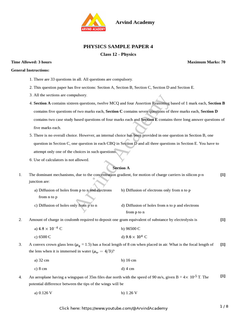 Class 12 Physics Sample Paper 4 | PDF | Nuclear Fission | Photoelectric ...