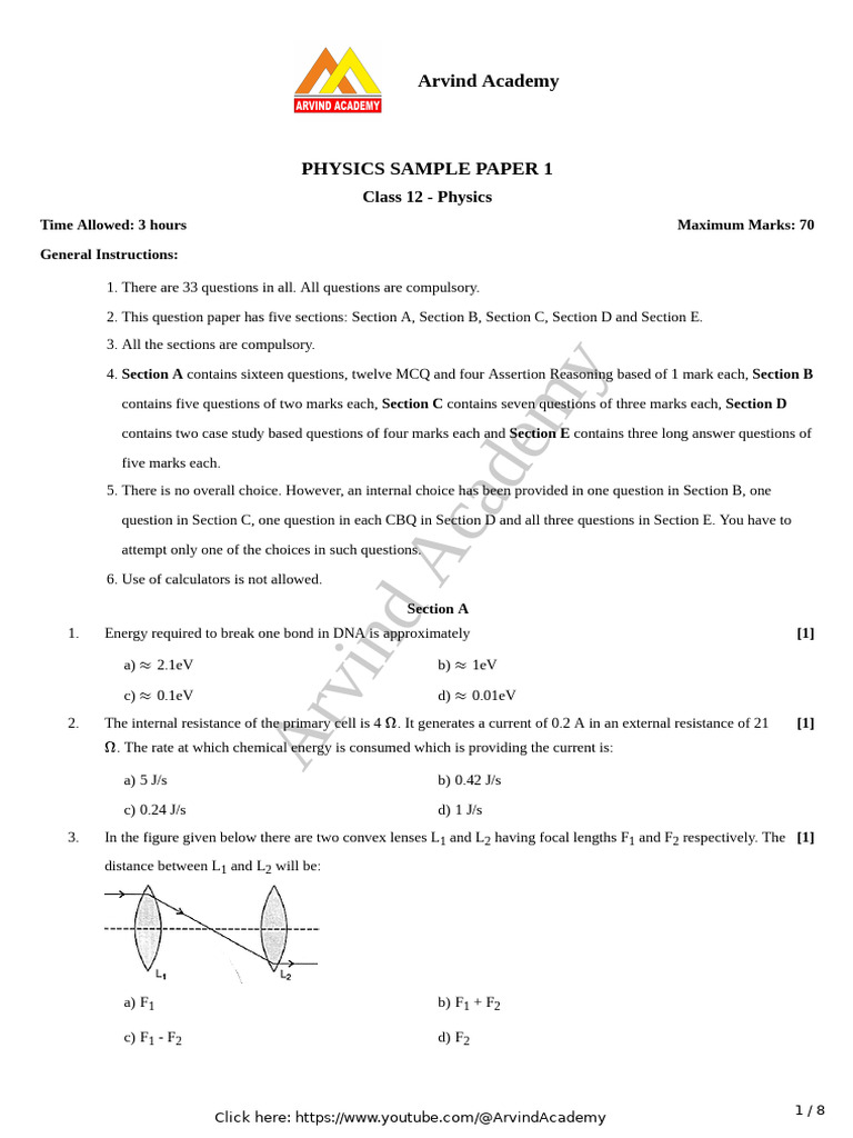 Physics Question Sample Paper 1 | PDF | Electromagnetic Radiation ...