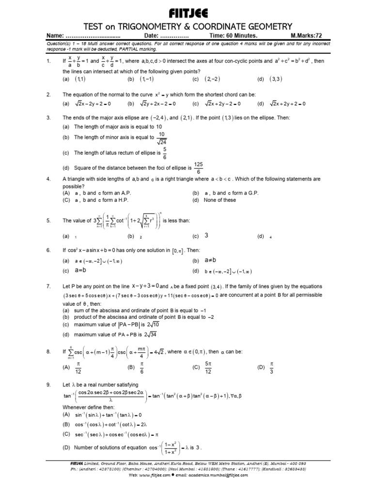 Test Trigonometry+coordinate Geometry 1 1 Without Answer Key | Download ...