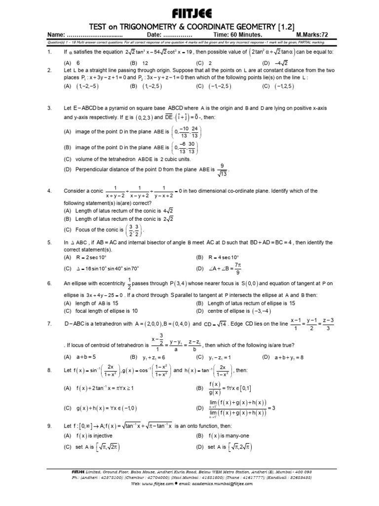 Test Trigonometry+coordinate Geometry 1 2 Without Answer Key | PDF ...