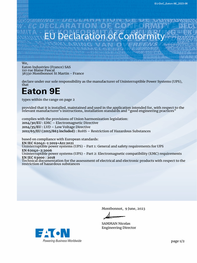 EU Declaration for Eaton 9E UPS Models | PDF | Technology & Engineering