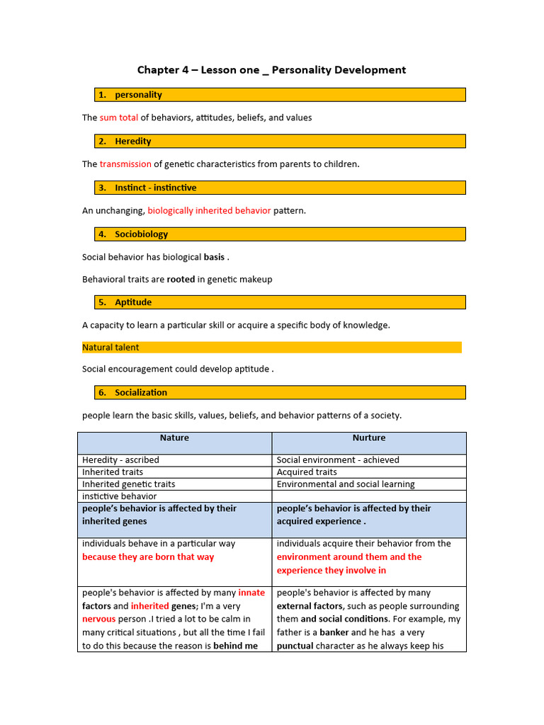 Lesson One - Personality Development | PDF | Behavior | Heredity