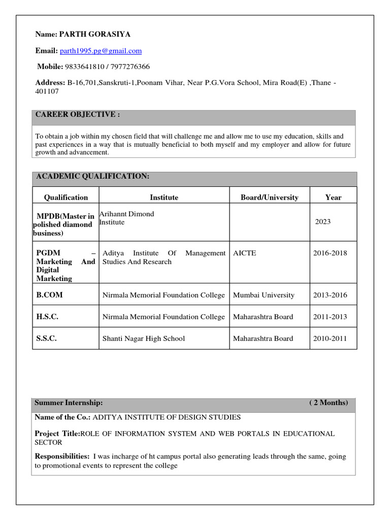CVParth Gorasiya | PDF | Business Economics | Business