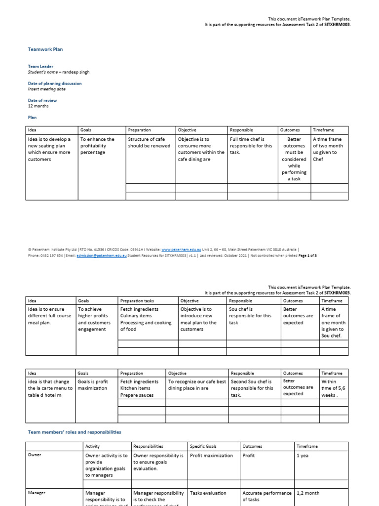 Whs Team Plan..... | PDF | Chef | Kitchen