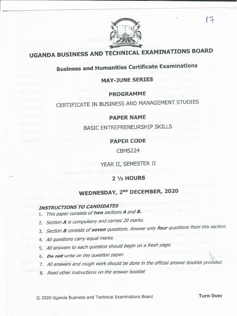 UBTEB PAST PAPER CBMS224 Basic Entreprenuership Skills DEC 2020 | PDF
