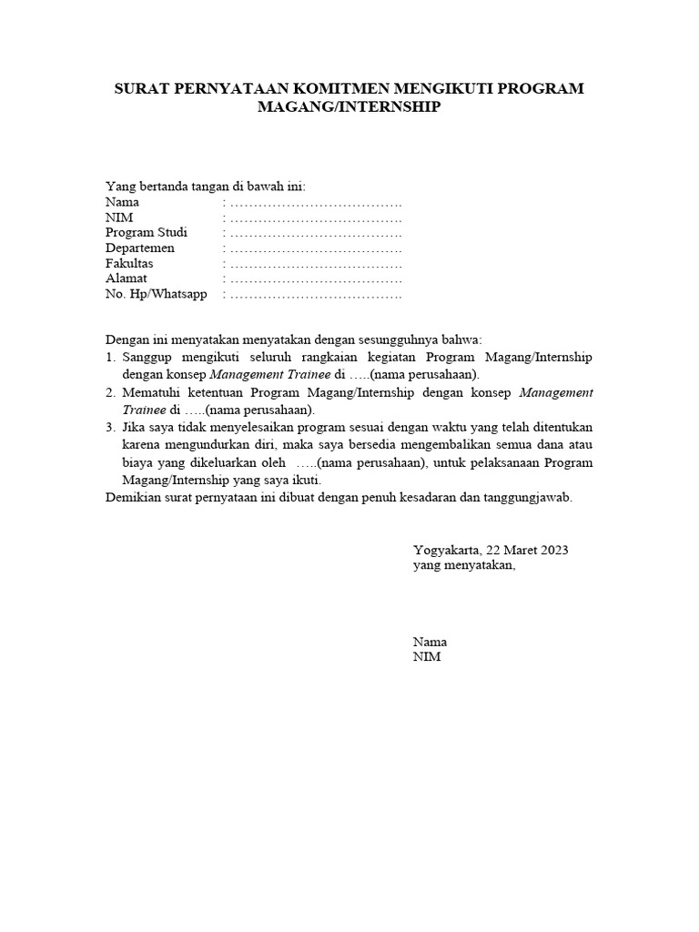 Surat Komitmen Magang Internship | PDF