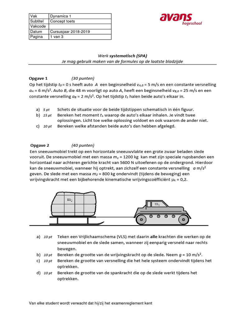 Oefentoets Dynamica 2018-2019 | PDF