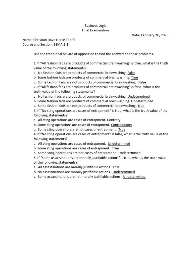 Final Examination in Business Logic | PDF | Fallacy | Truth