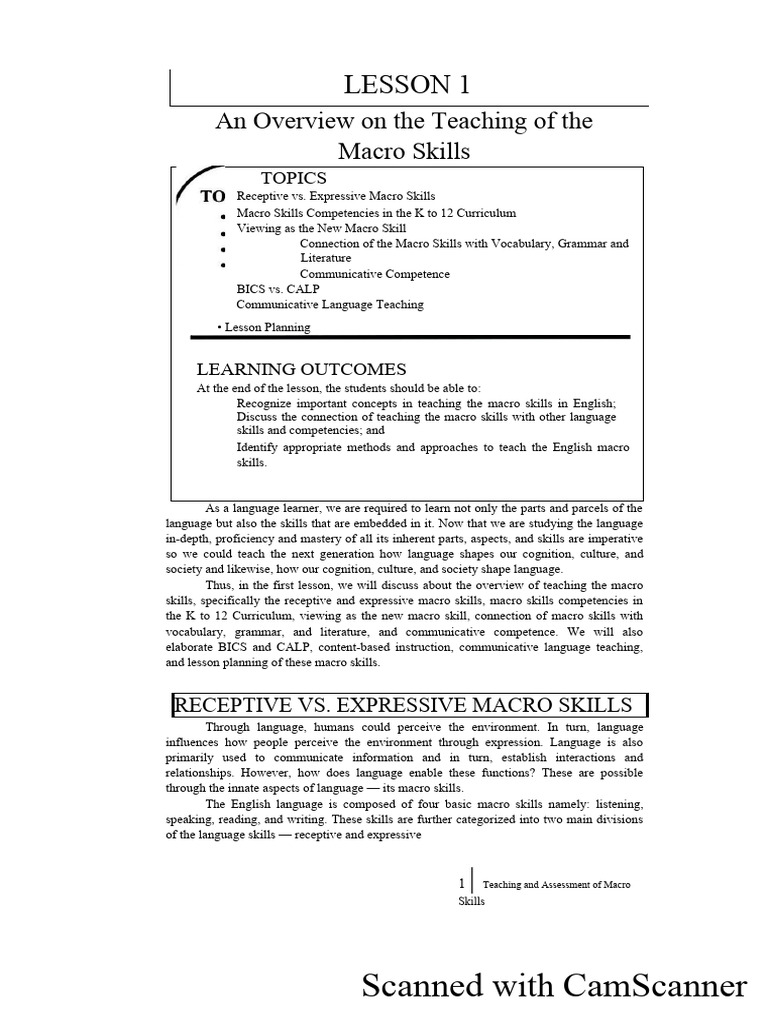 LESSON 1 - An Overview On The Teaching of The Macro Skills | PDF | Learning | Second Language ...