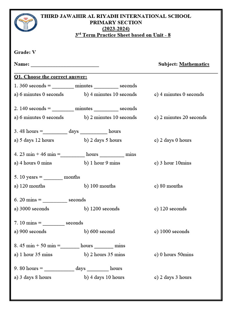 Math Time Conversion Practice Sheet | PDF