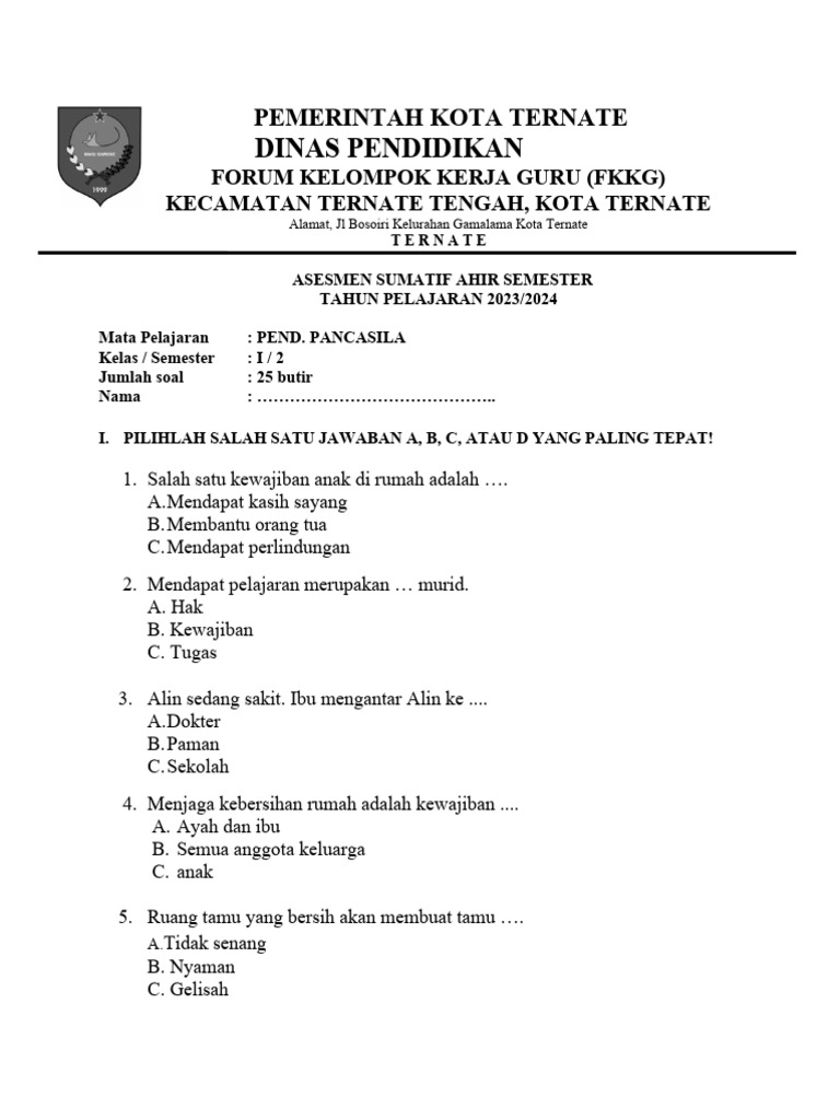 Sas SMT 2 New Pend Pancasila Kelas 1 | PDF