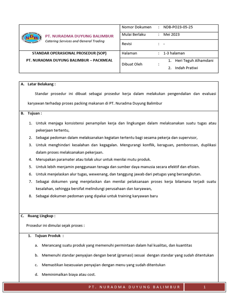 SOP Packing Meal PT Nuradma Duyung | PDF