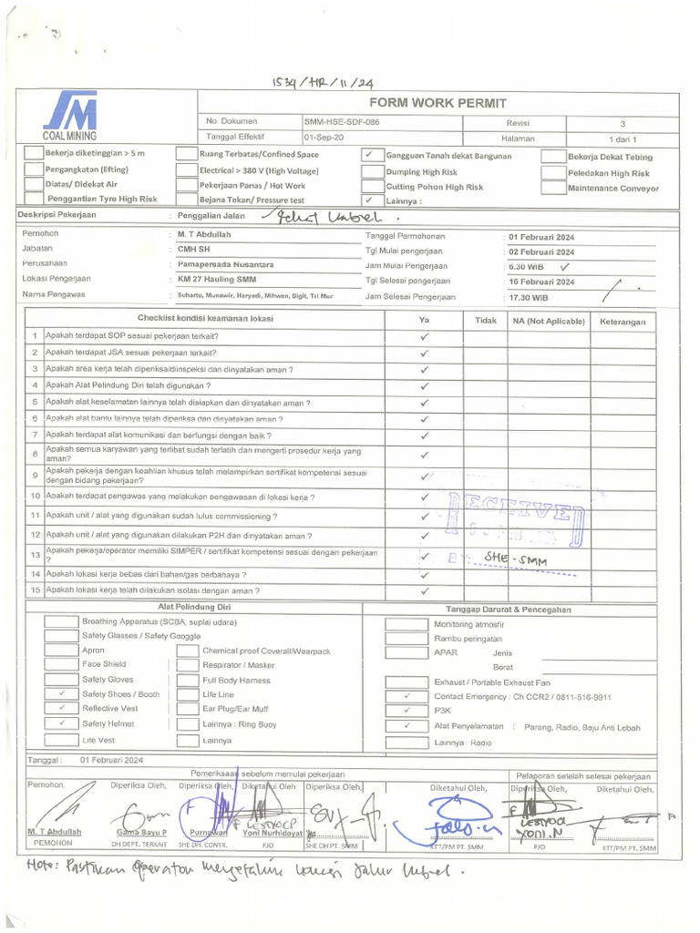 WORK PERMIT 1534 - HR - II - 24 (Penggunaan Jalan) Dekat Kabel | PDF