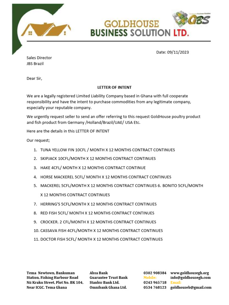 Letter of Intent for Fish Products | PDF
