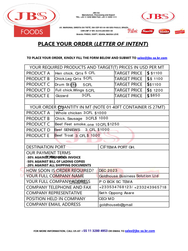 2023 - JBS Sa - Official Quotation Request Form | PDF
