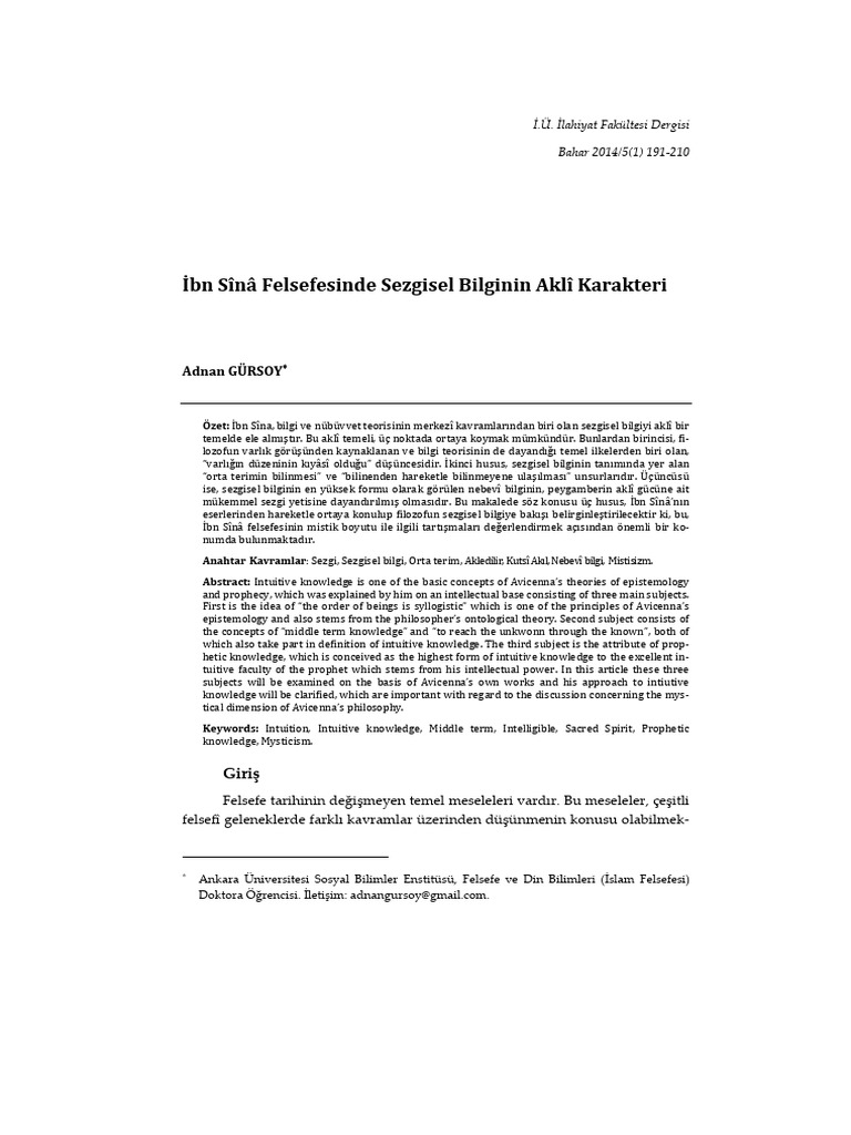 İbn Sînâ Felsefesinde Sezgisel Bilginin Aklî Karakteri | PDF