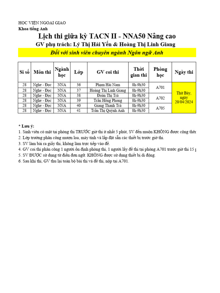 Lịch thi GK TACN II. K50 Nâng cao | PDF