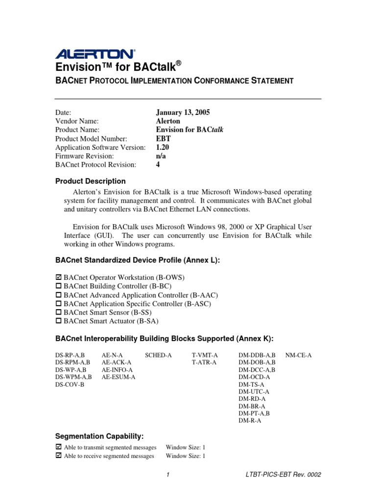 Alerton Envision For Backtalk - Bacnet Protocol Implementation ...