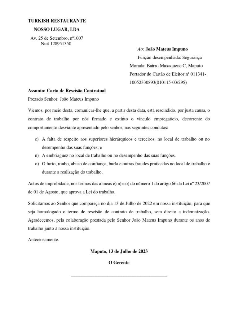 Nota de Despedimento Por Justa Causa | PDF