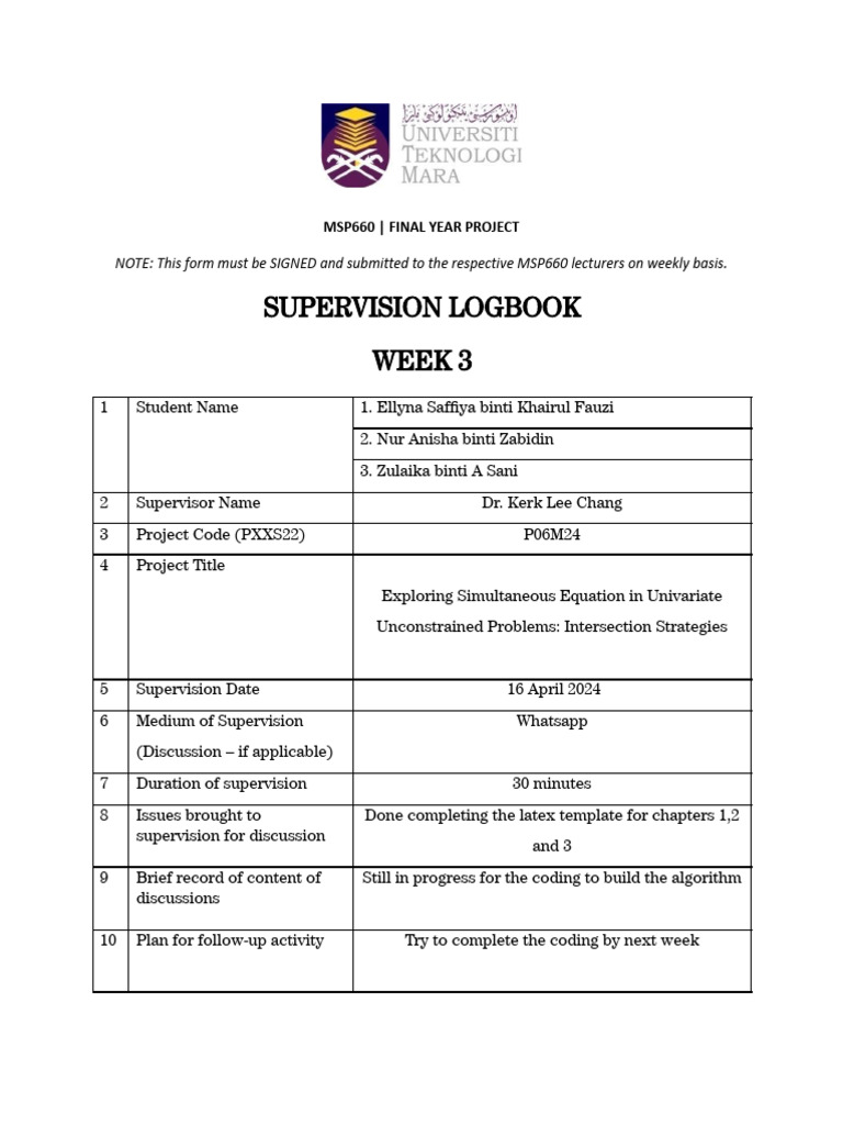 Supervision Logbook-Msp660 - Math W2 | PDF