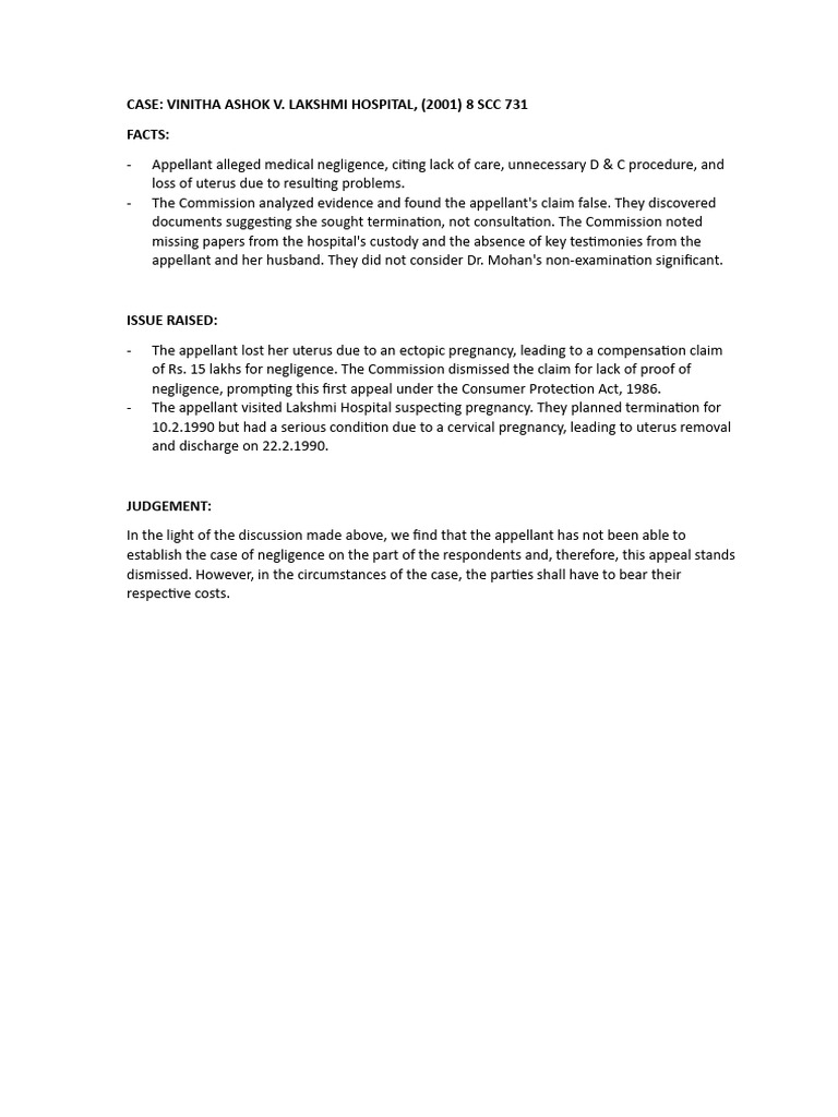 CASE BRIEF Vinitha Ashok v. Lakshmi Hospital, (2001) 8 SCC 731) | PDF