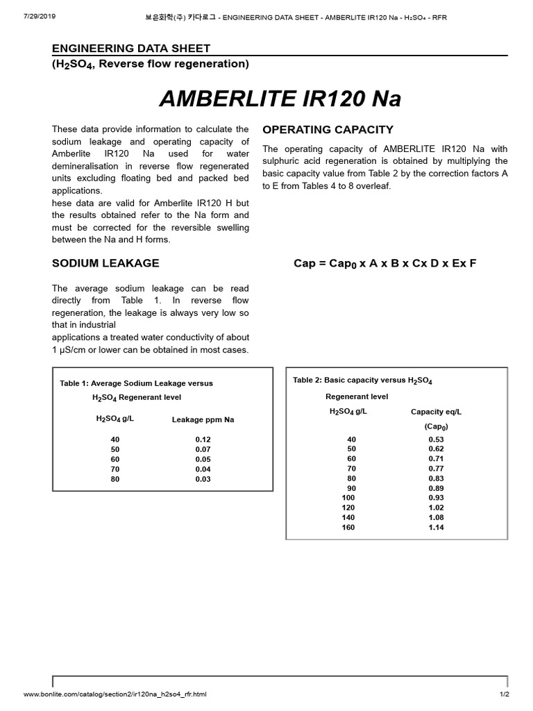 ENGINEERING DATA SHEET - AMBERLITE IR120 Na - H SO - RFR | PDF | Sodium | Applied And ...