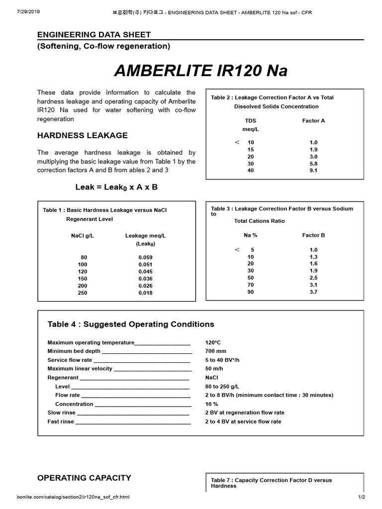 ENGINEERING DATA SHEET - AMBERLITE 120 Na sof | PDF | Sodium | Sodium ...