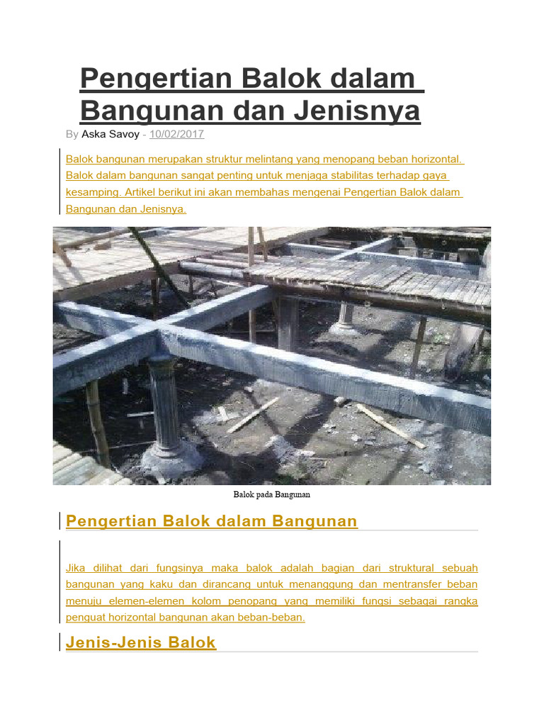 Pengertian Balok Dalam Bangunan Dan Jenisnya | PDF